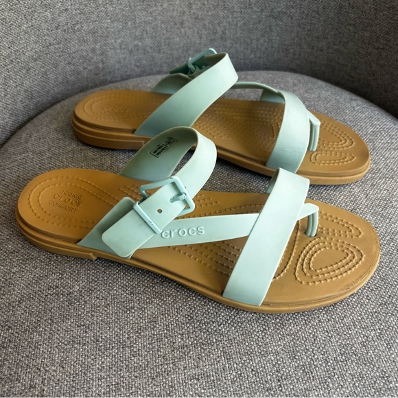 CROCS | Shoes | Crocs Tulum Strappy Sandal Aqua Tan Flat Comfort ...